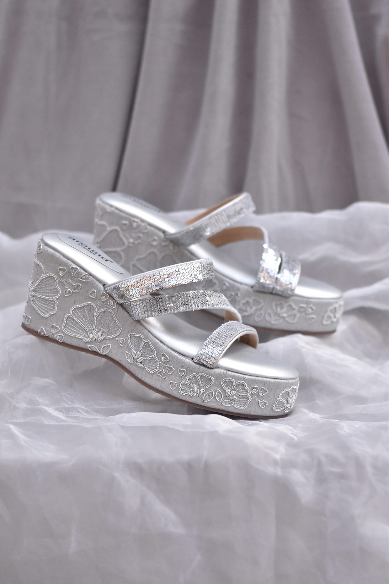Silver Poly Silk Floral Motifs Embroidered Wedges by Around Always at ...