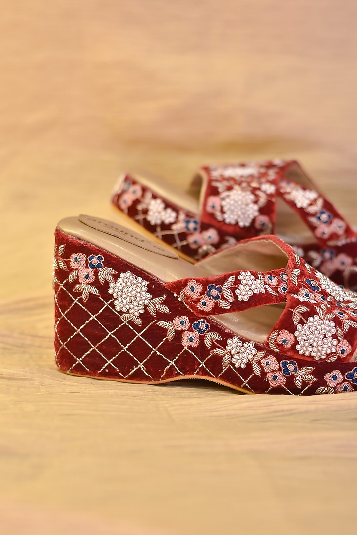 Maroon Poly Silk & Velvet Beads Embroidered Wedges by Around Always at ...