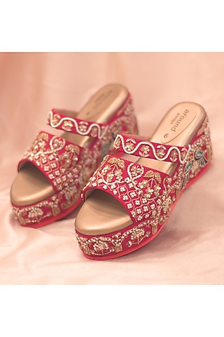 Dark Pink Poly Silk Hand Embroidered Wedges by Around Always at Pernia ...