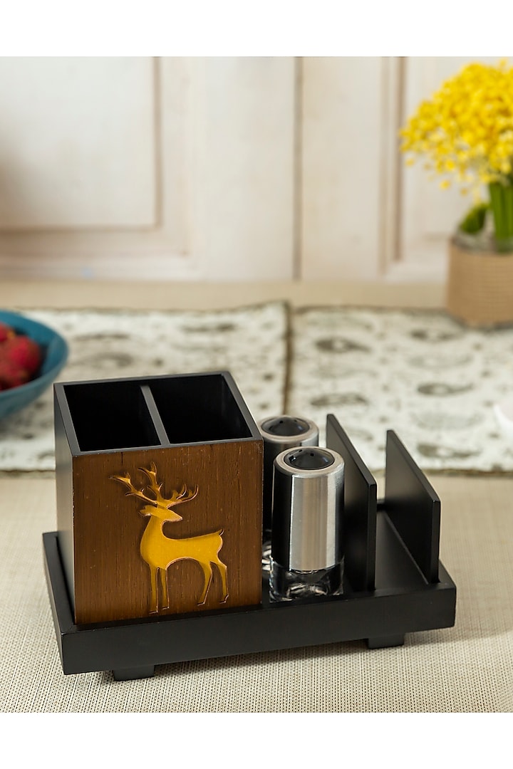 Black & Brown Engineered Wood Cutlery holder Set by Aarav Designs at ...