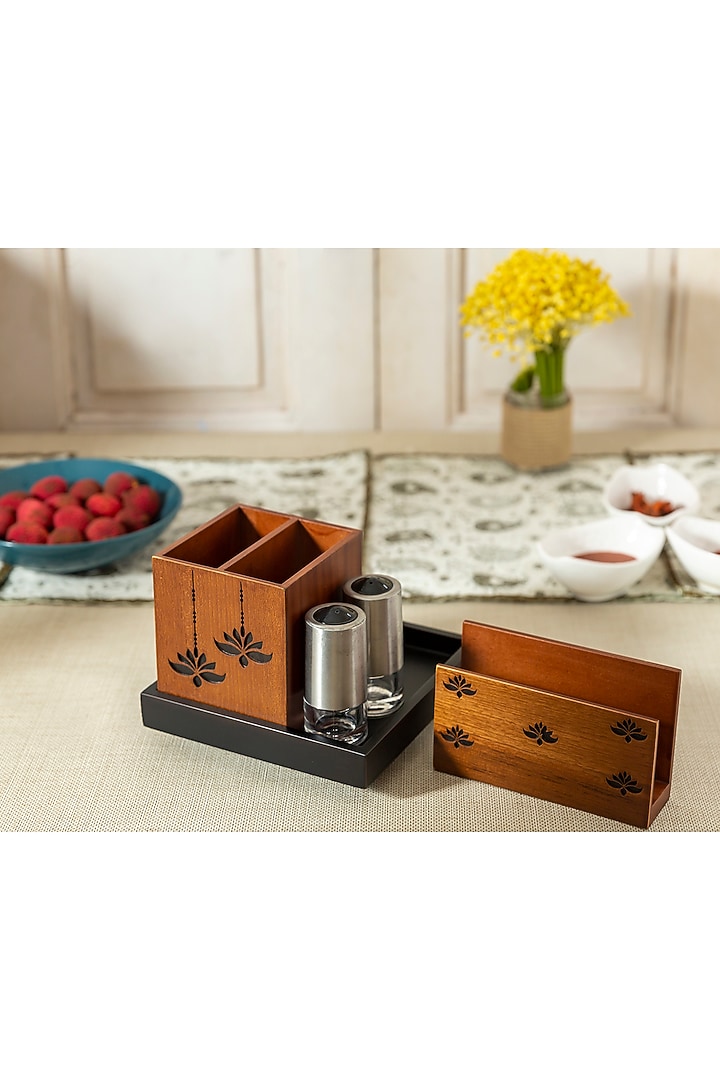 Black & Brown Engineered Wood Cutlery holder Set by Aarav Designs at ...