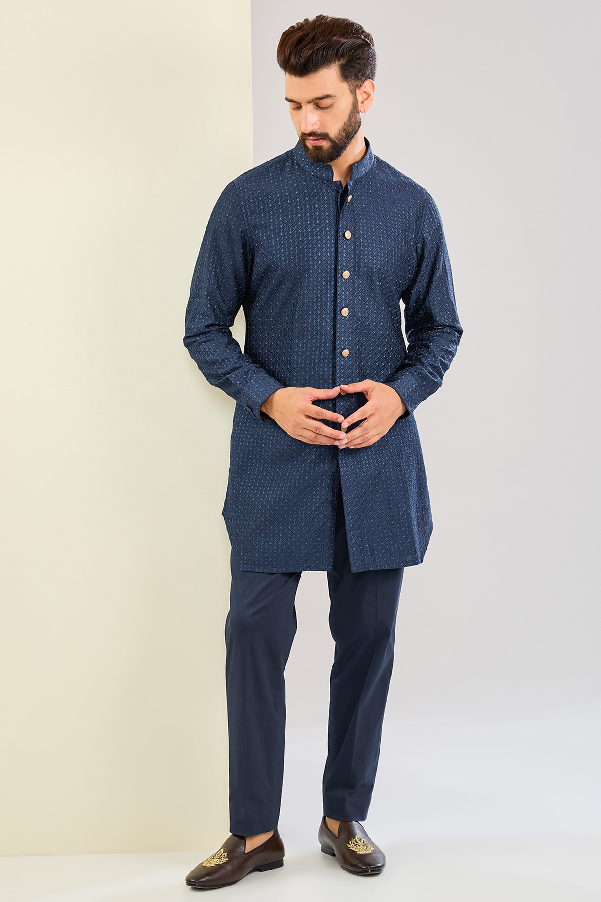 Cobalt Blue Chanderi Front-Open Style Kurta Set by ARJAN DUGAL at Pernia's Pop Up Shop 2025