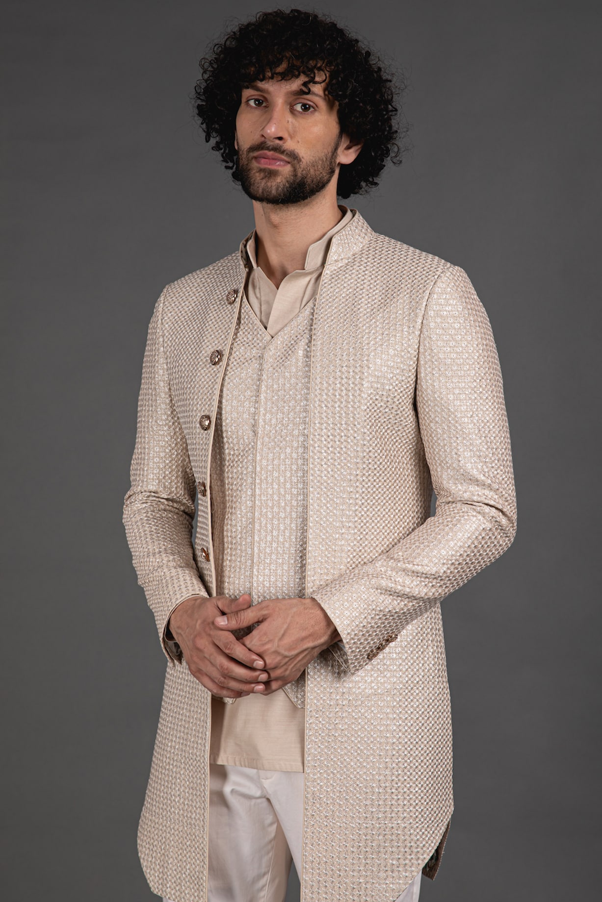 Champagne Chanderi Silk Achkan Jacket Set Design by ARJAN DUGAL at ...