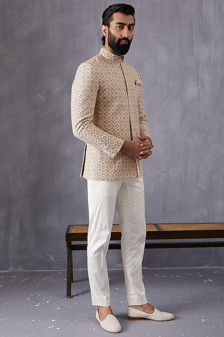 Champagne Cotton & Silk Embroidered Bandhgala Set Design by ARJAN DUGAL ...