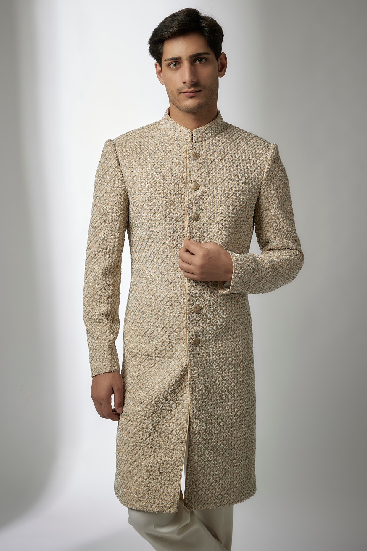 Champagne Chanderi Silk Embroidered Sherwani by ARJAN DUGAL at Pernia's Pop Up Shop 2025