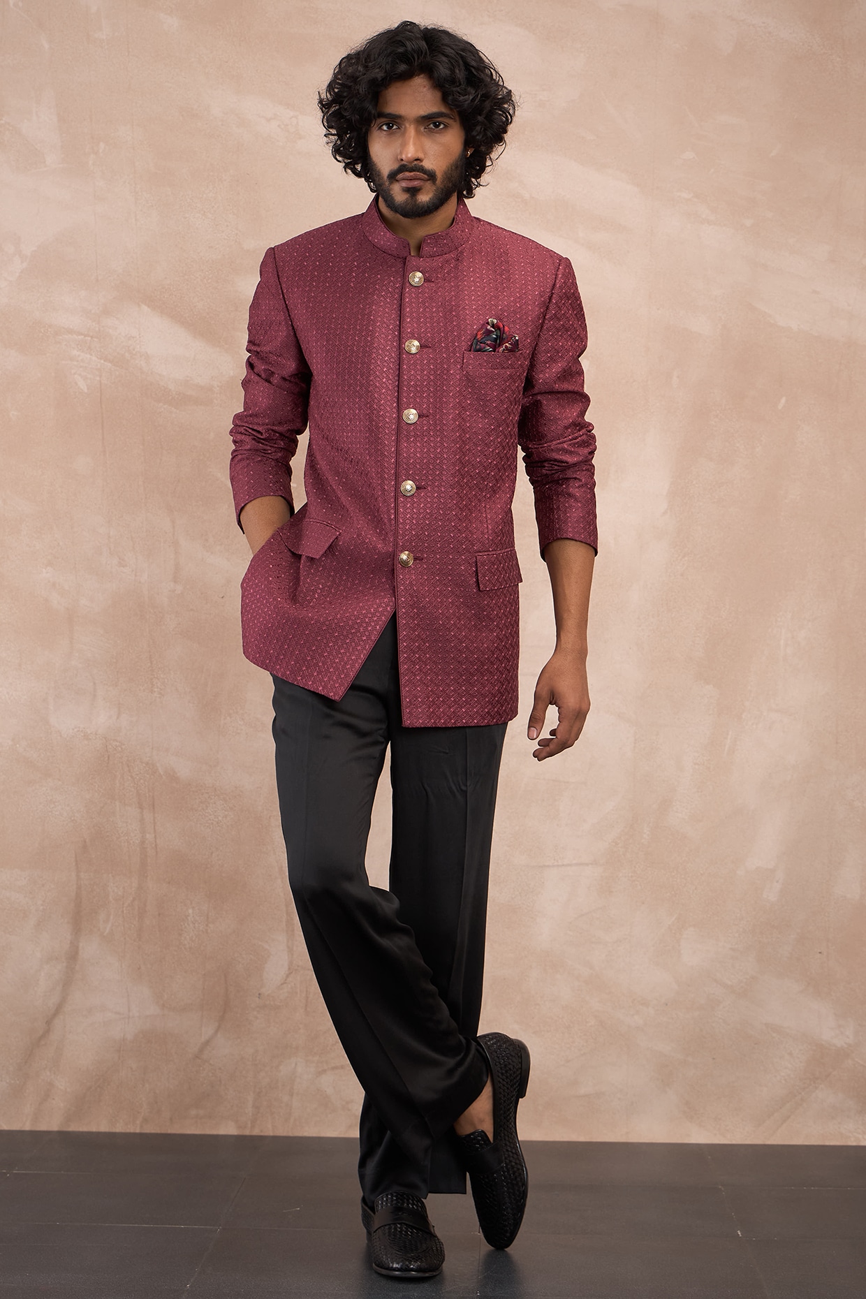 Burgundy Chanderi Silk Tropical Printed Bandhgala Set by ARJAN DUGAL at Pernia's Pop Up Shop 2025
