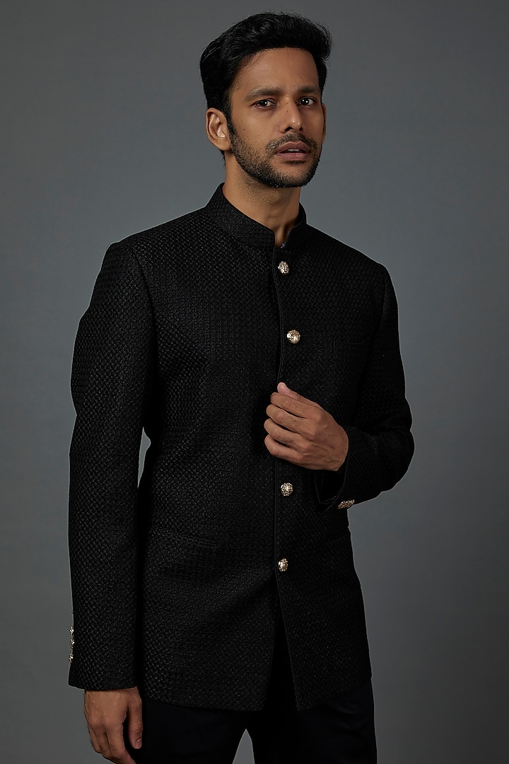 Black Embroidered Bandhgala Jacket Set Design by ARJAN DUGAL at Pernia's Pop Up Shop 2024