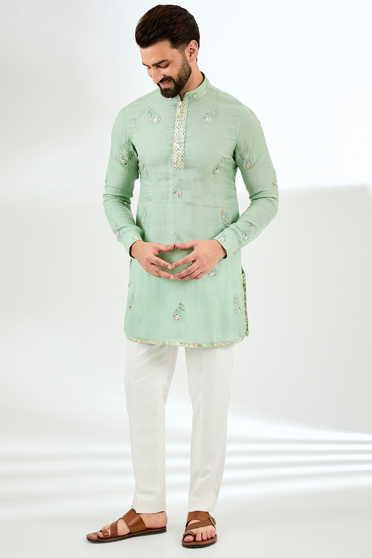Sage Green Organza Dori Patch Work Kurta Set by ARJAN DUGAL at Pernia's ...