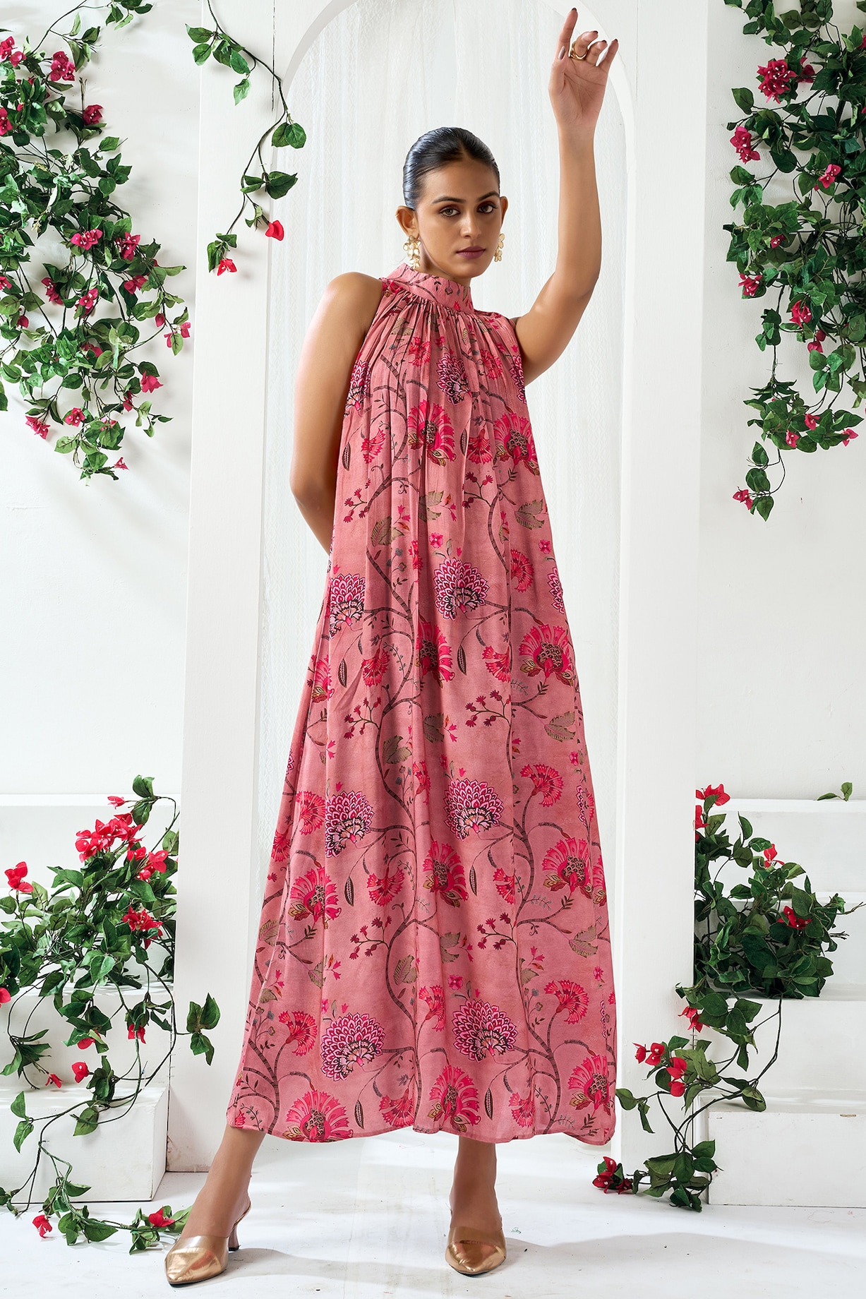 Pink Cotton Silk Floral Printed Midi In-Cut Summer Dress by ARJE India ...