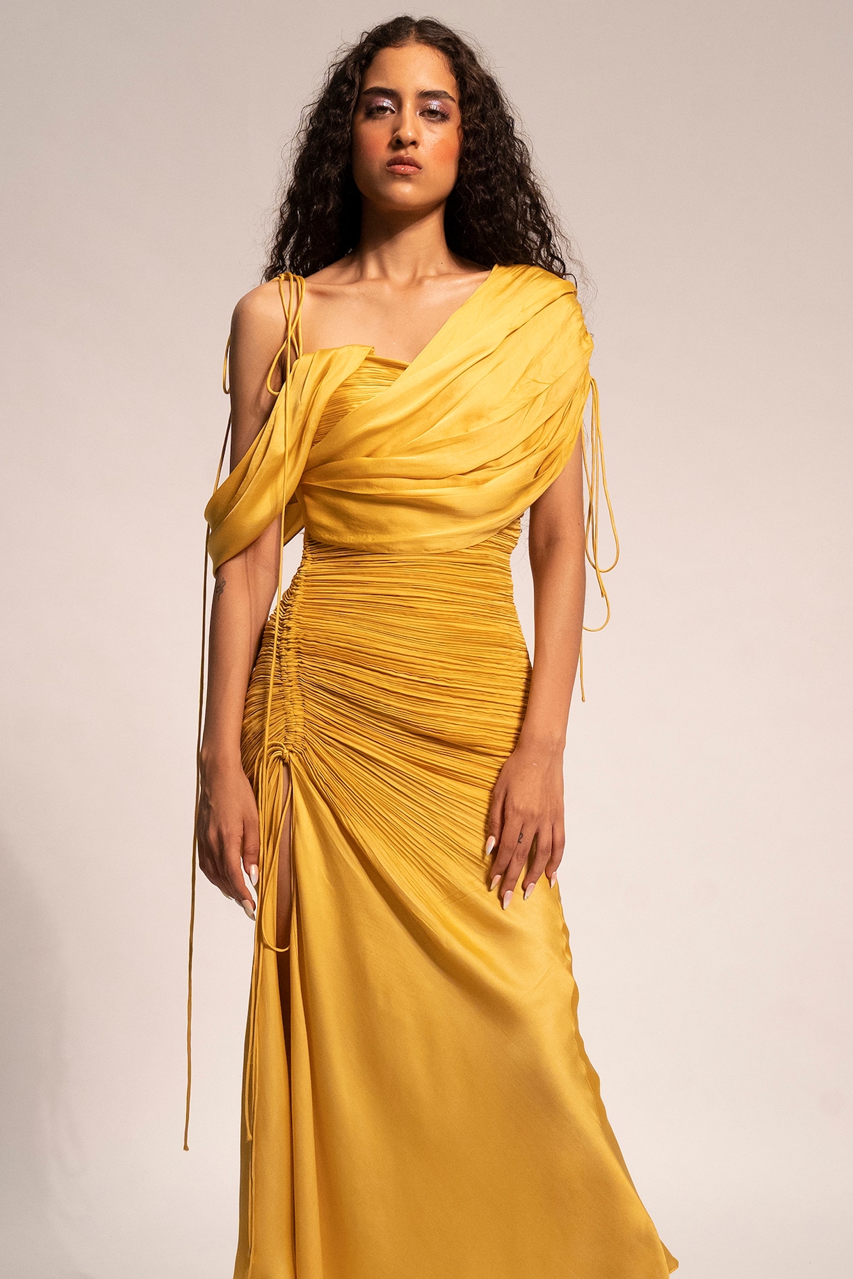 Yellow Modal Satin Draped Dress by Aroka at Pernia's Pop Up Shop 2025