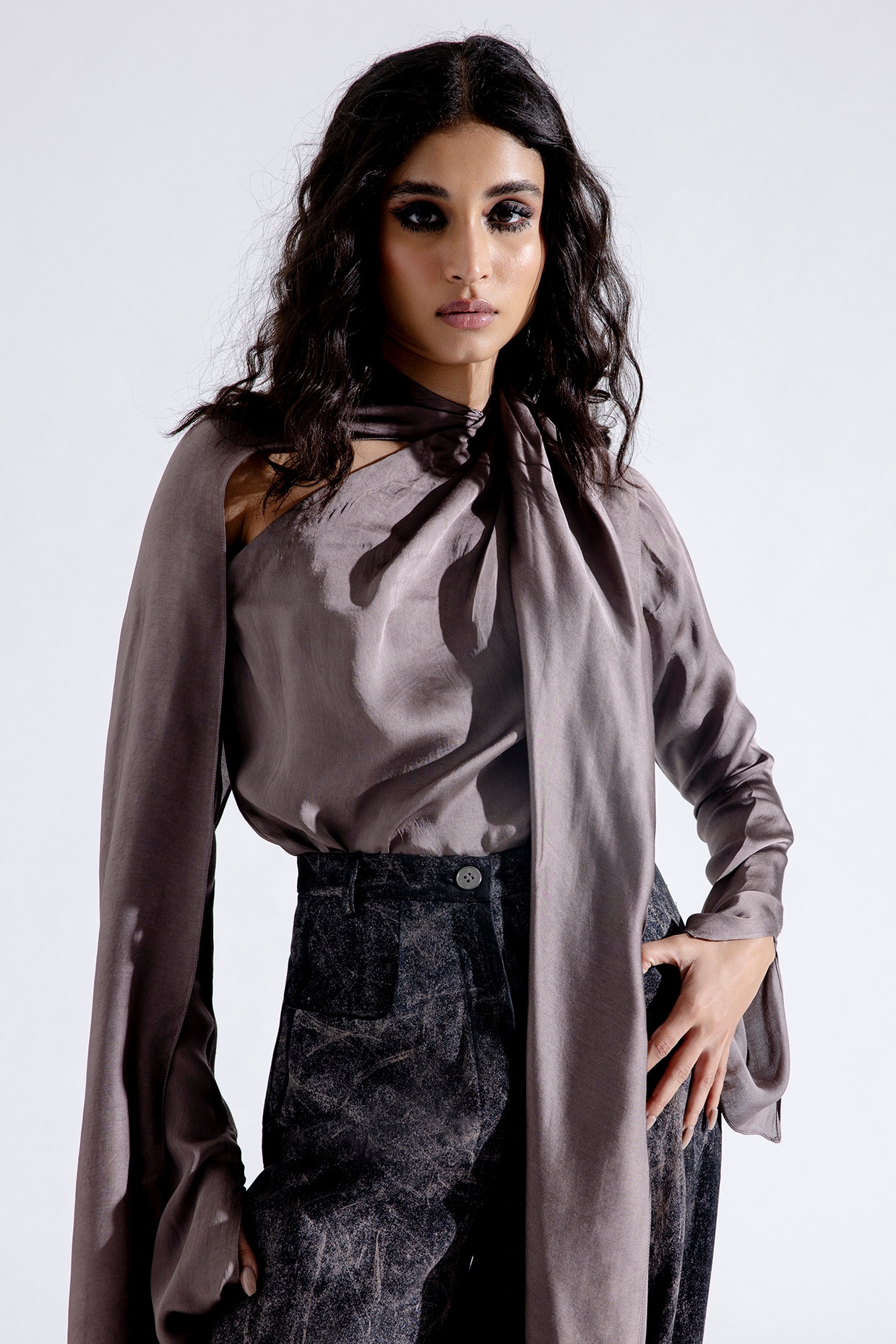 Grey Modal Satin Off-Shoulder Scarf Top by Aroka at Pernia's Pop Up Shop 2025