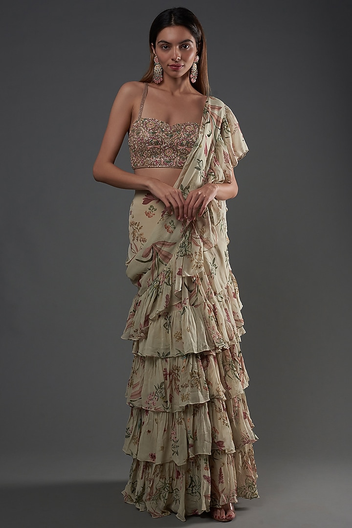 Sand Colored Georgette Floral Printed Ruffled Lehenga Saree Set by ...