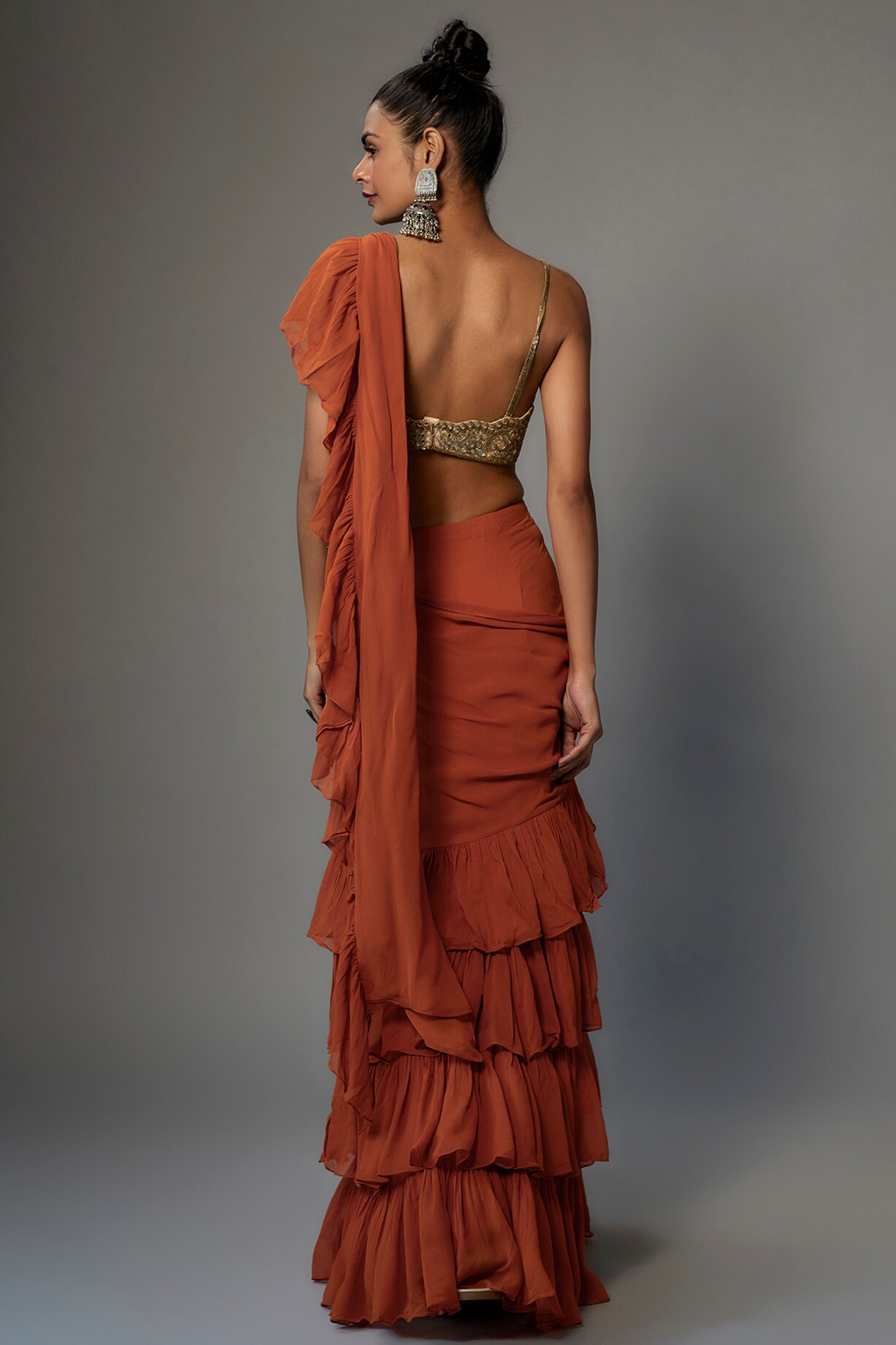 Toasted Orange Georgette Ruffle Saree Set by Arpita Mehta at Pernia's ...