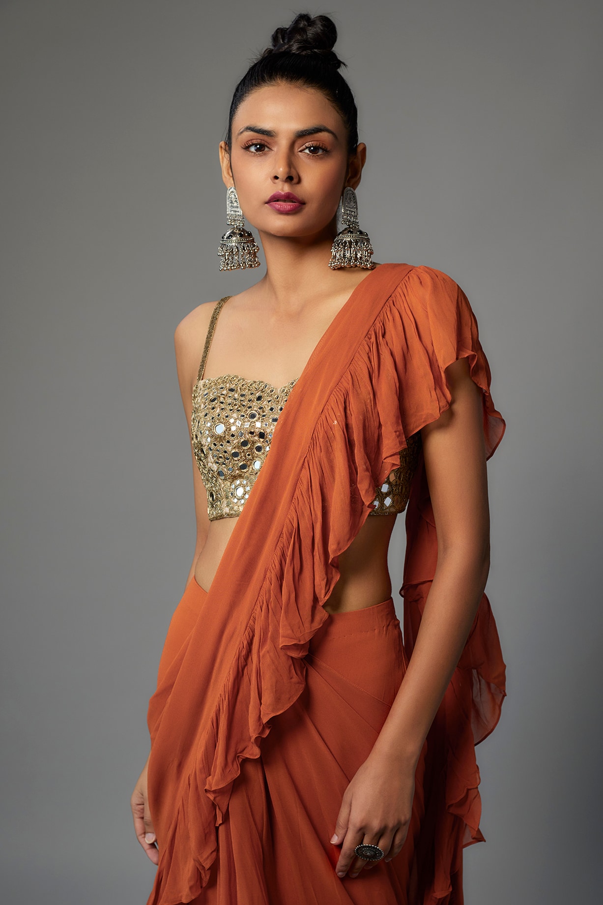 Toasted Orange Georgette Ruffle Saree Set by Arpita Mehta at Pernia's ...