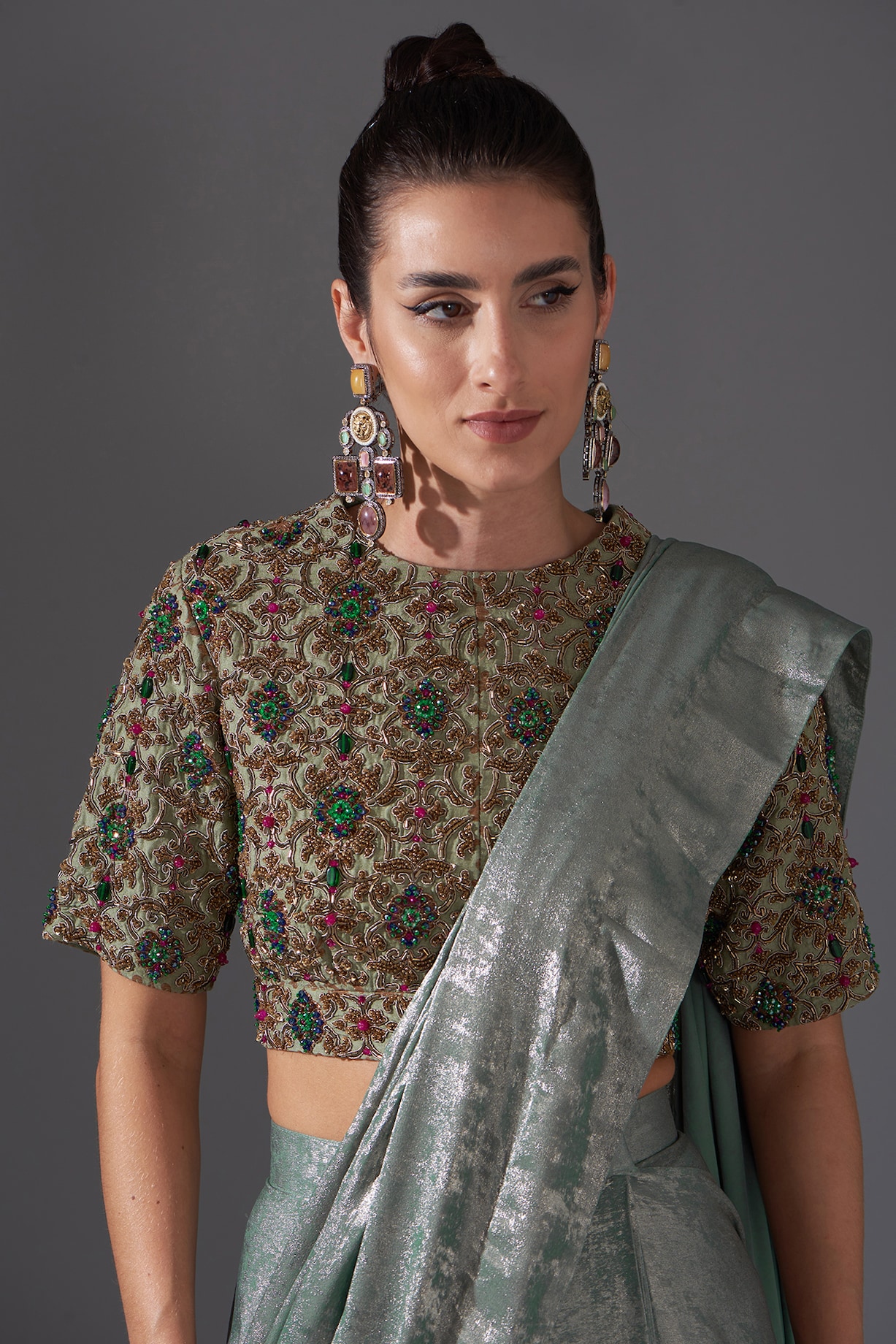 Green Shimmer Fabric Embellished Saree Set by LABEL ARRV at Pernia's ...