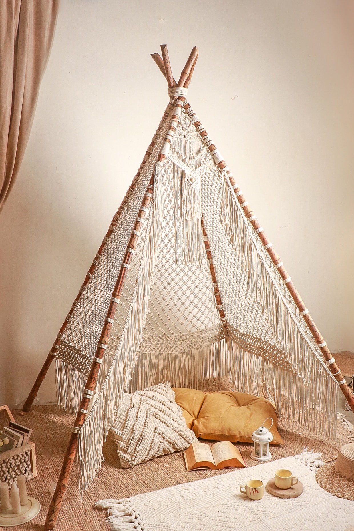 Off-White Cotton & Pinewood Tepee by Karighar - House of Indian ...