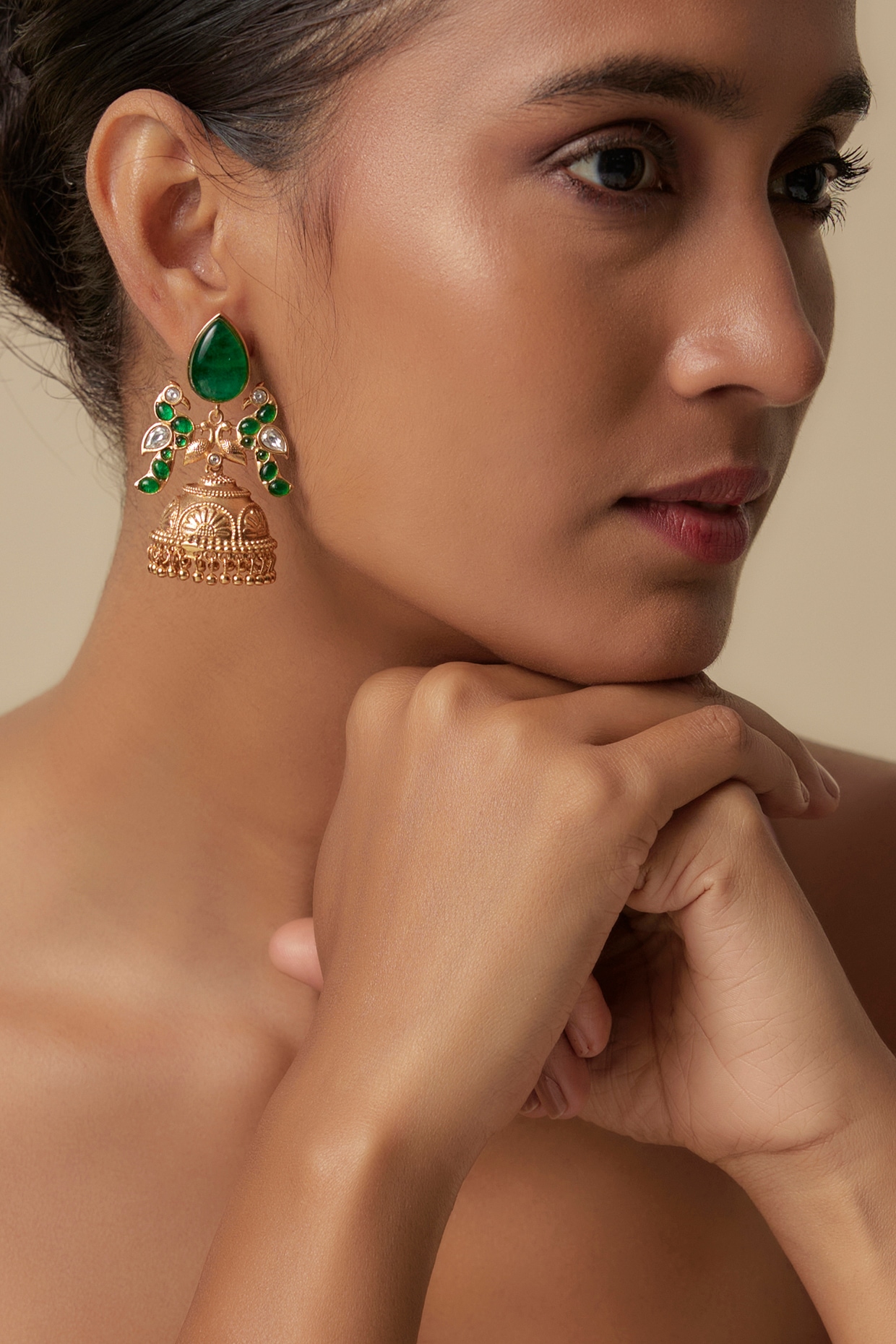 Gold Finish Uncut Zircon & Synthetic Emerald Dangler Earrings by Aryah Jewels at Pernia's Pop Up ...