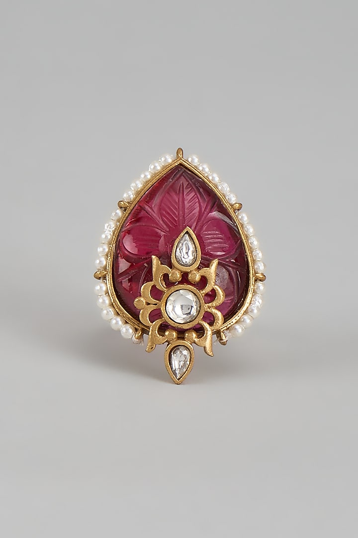 Gold Finish Pearl & Ruby Stone Temple Ring Design by Aryah Jewels at ...