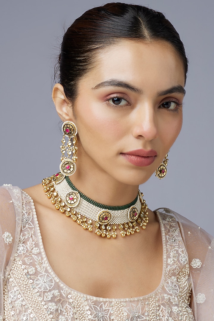 Gold Finish Kundan Polki & Moti Choker Necklace Set by Aryah Jewels at Pernia's Pop Up Shop 2024