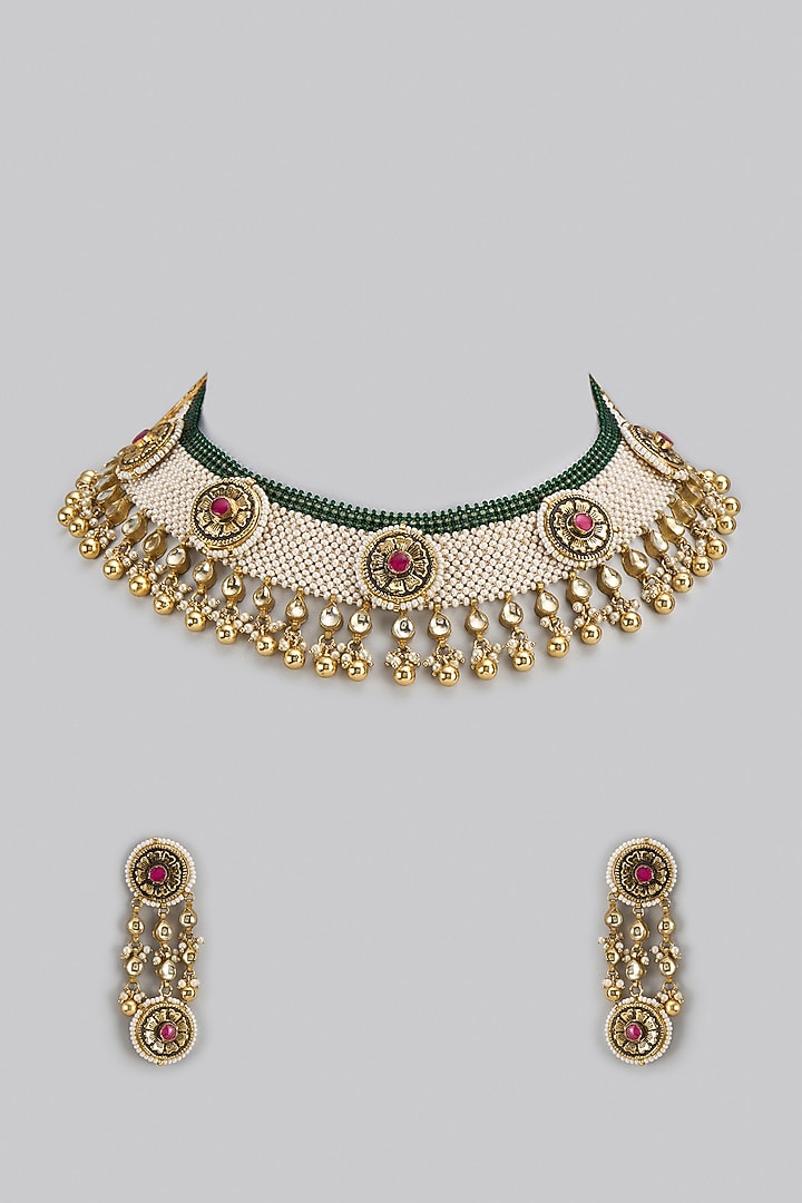 Gold Finish Kundan Polki & Moti Choker Necklace Set by Aryah Jewels at Pernia's Pop Up Shop 2024