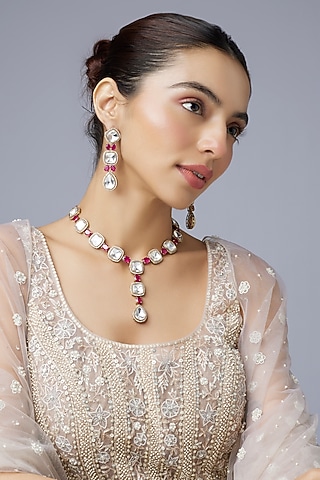 Black Rhodium Finish Uncut & Ruby Stone Long Necklace Set by Aryah ...