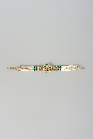 Gold Finish Green Stone & White Pearl Adjustable Bracelet by Aryah ...