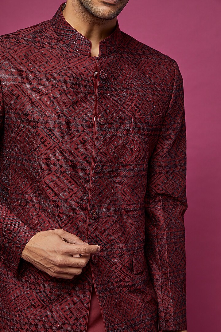 Buy ARJAN DUGAL Burgundy Silk Georgette Embroidered Bandhgala Set at ...