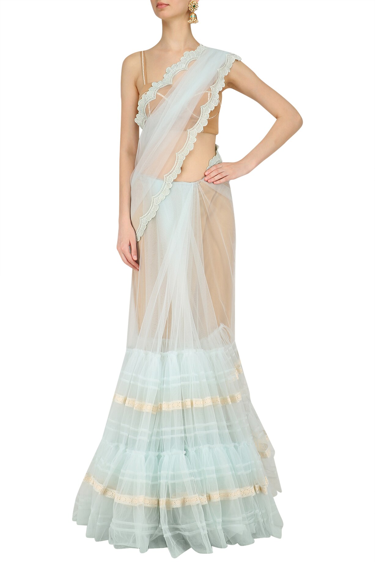 Powder blue lace work two tiered saree available only at Pernia's Pop ...