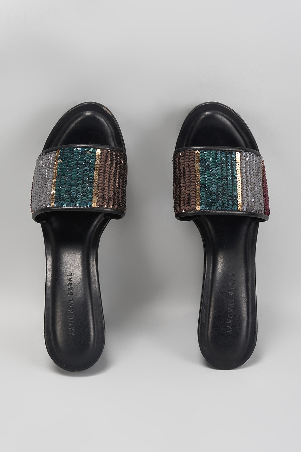 Black Faux Leather Sequins Work Wedges by Aanchal Sayal at Pernia's Pop ...