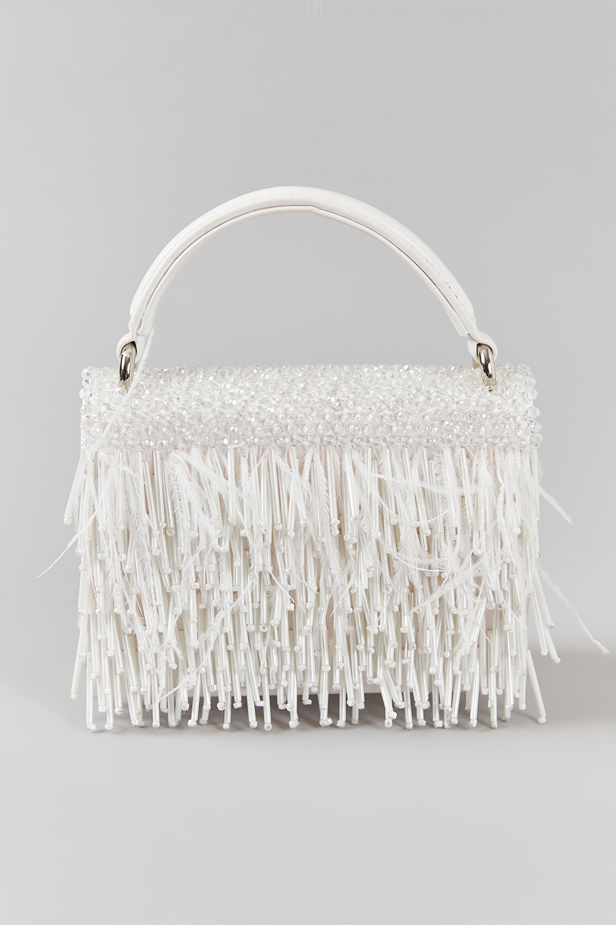 White Faux Leather Crystal Embroidered Structured Bag by Aanchal Sayal ...