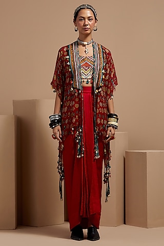 Sindoor Red Sheer Silk Embroidered Jacket Set by ASEEM KAPOOR at Pernia ...