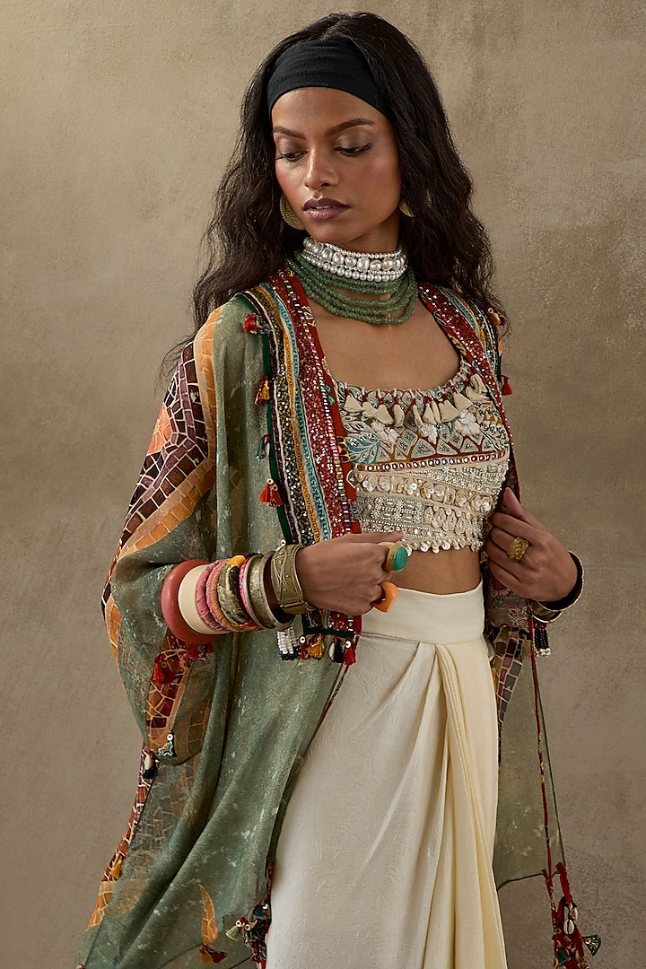 Light Green Sheer Silk Printed & Embroidered Jacket Set by ASEEM KAPOOR at Pernia's Pop Up Shop 2025