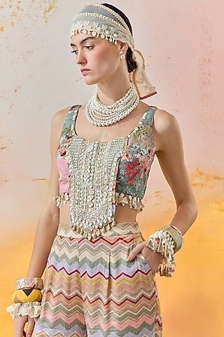 Multi-Colored Slub Satin Printed & Embroidered Blouse by ASEEM KAPOOR ...