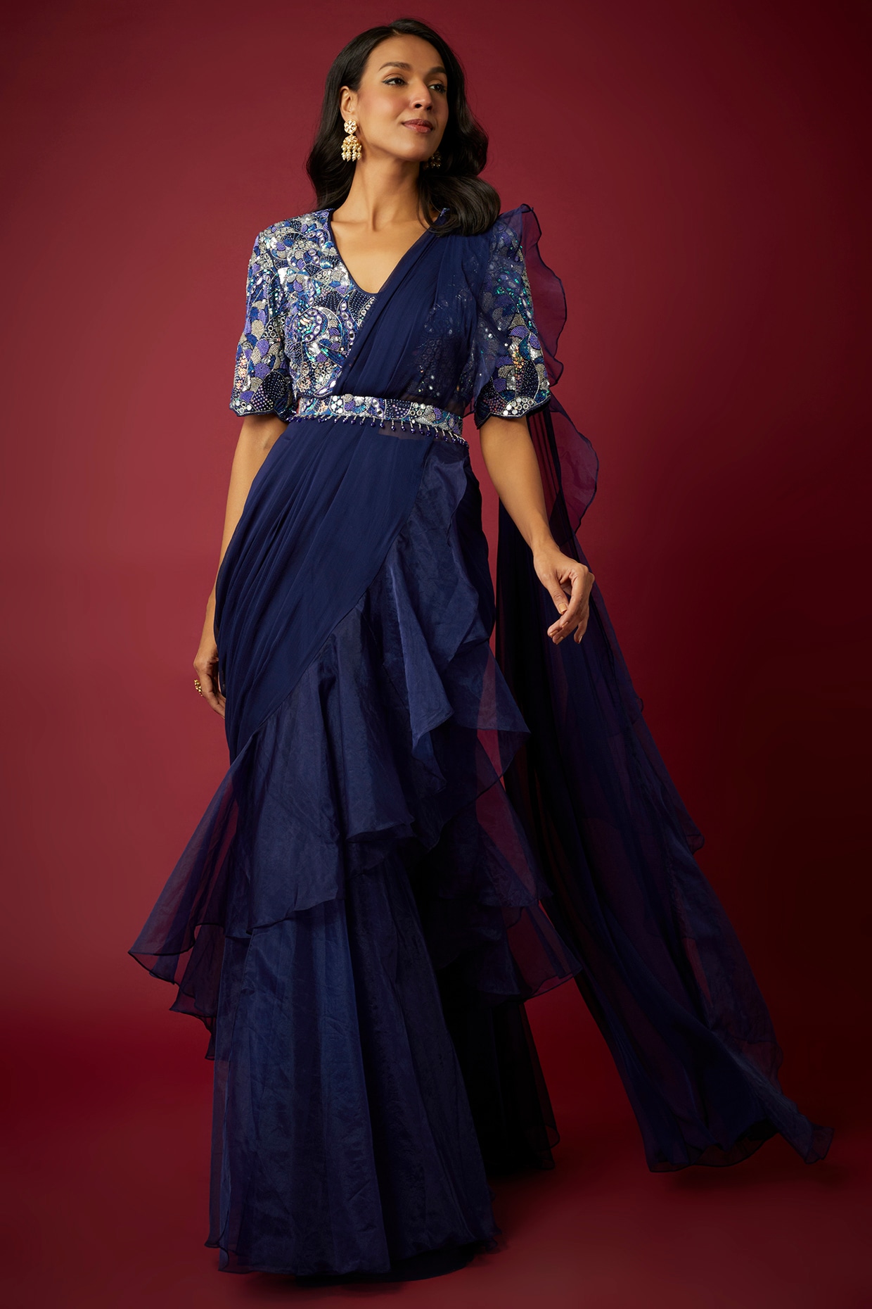 Blue Chiffon & Organza Pre-Draped Saree Set by ASAGA at Pernia's Pop Up ...