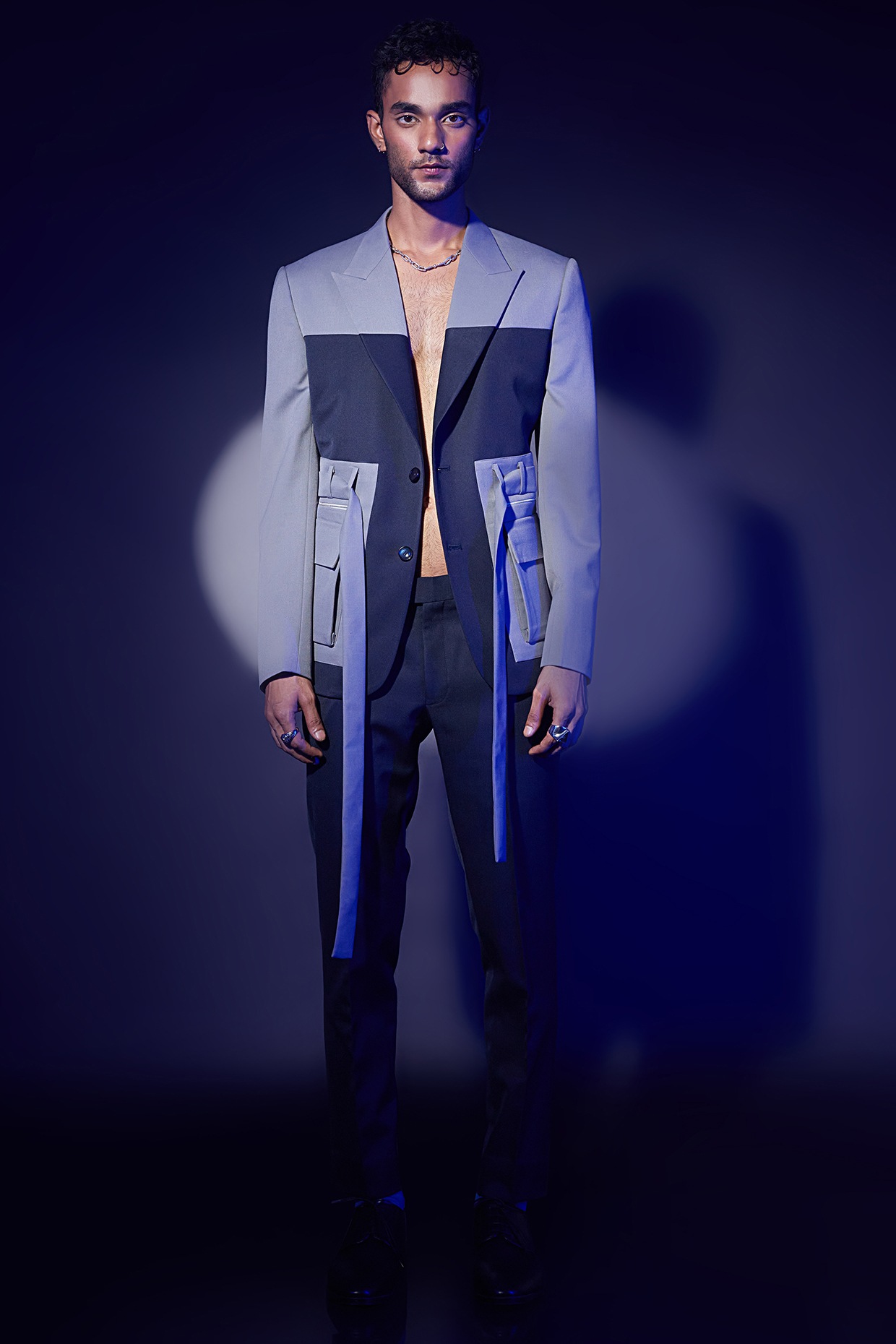 Blue & Grey Wool Blend Suit Set by ASHAY at Pernia's Pop Up Shop 2025