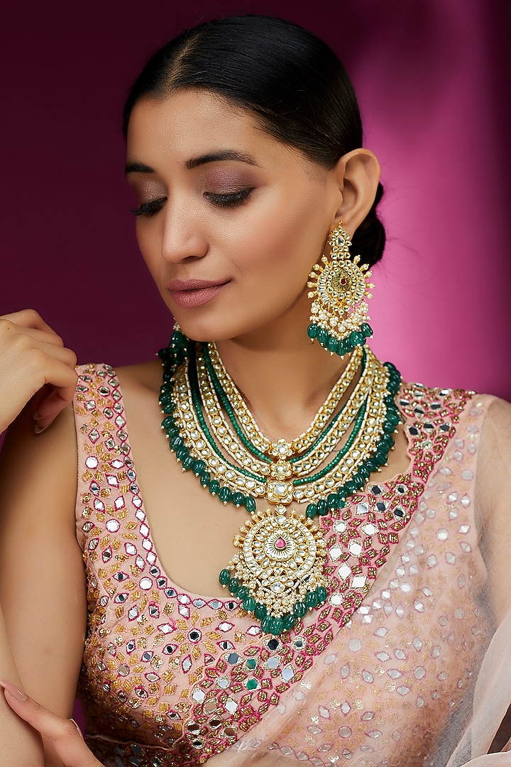 Gold Finish Yellow & Green Kundan Polki Mala Set by ASHNEE at Pernia's ...