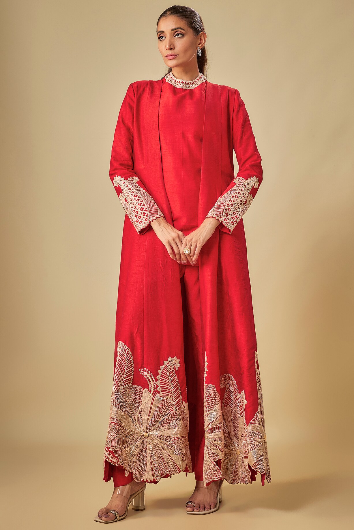 Red Raw Silk Floral Cutwork Jacket Set by ASHUTOSH JOSHI at Pernia's ...