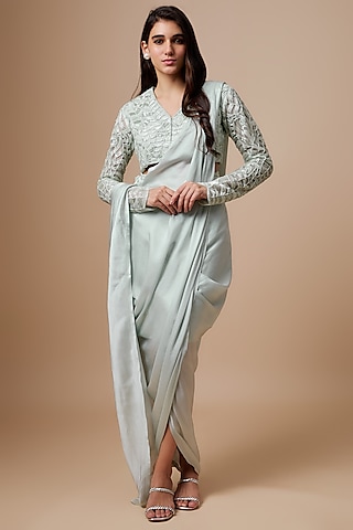 Ice Blue Satin Cutwork Pre-Draped Saree Set by ASHUTOSH JOSHI at Pernia ...