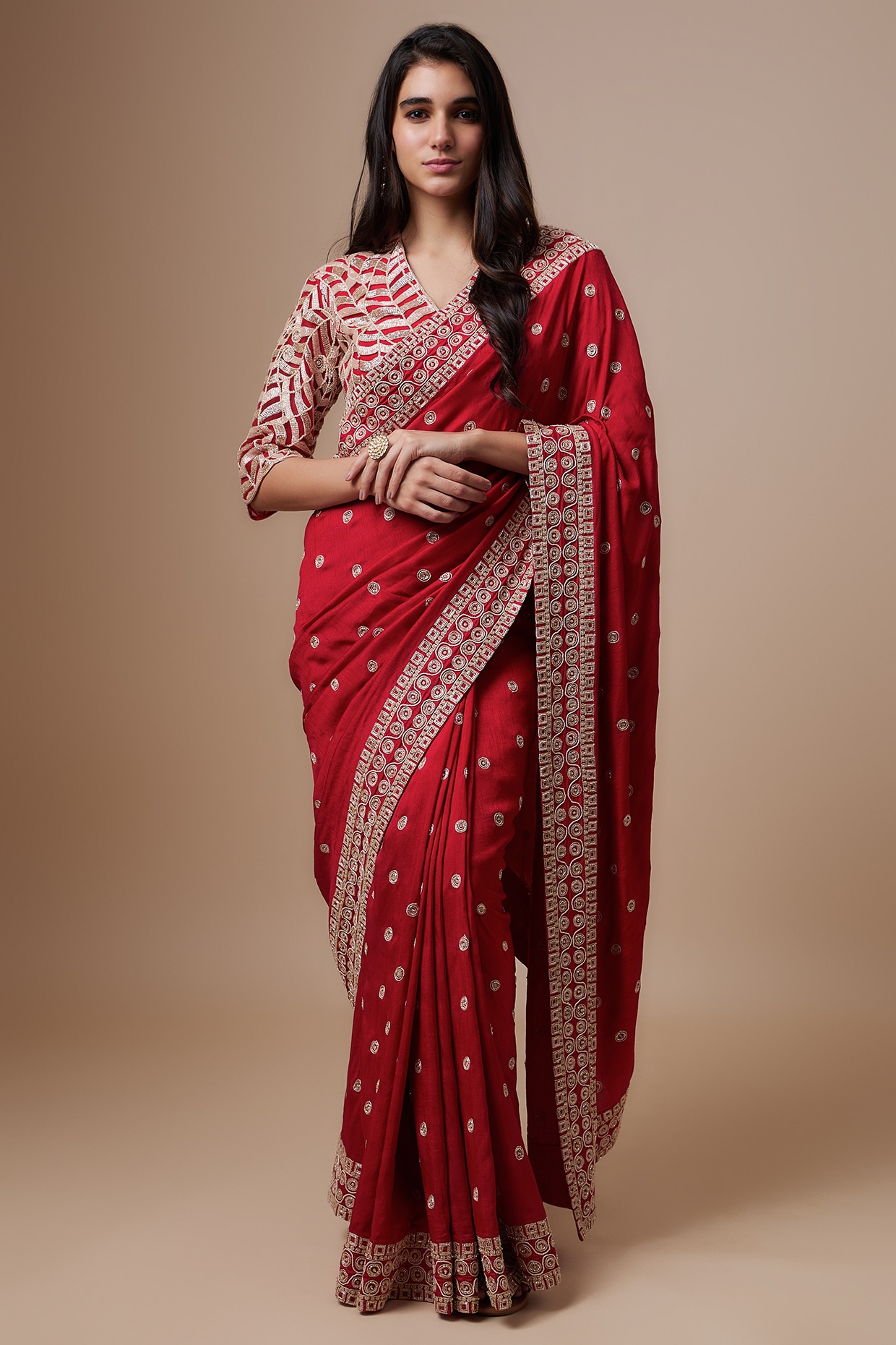 Red Raw Silk & Crepe Hand Embroidered Saree Set by ASHUTOSH JOSHI at ...
