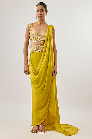 Olive Green Bemberg Satin Draped Saree Set by ASHUTOSH JOSHI at Pernia ...
