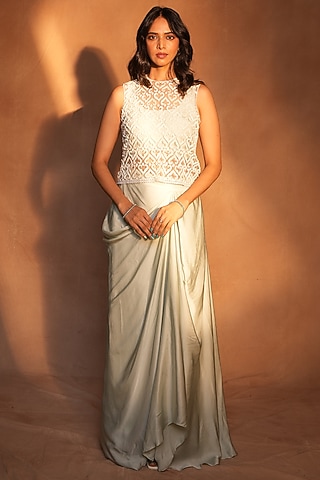 Ice Blue Bemberg Satin Draped Skirt Set by ASHUTOSH JOSHI at Pernia's ...