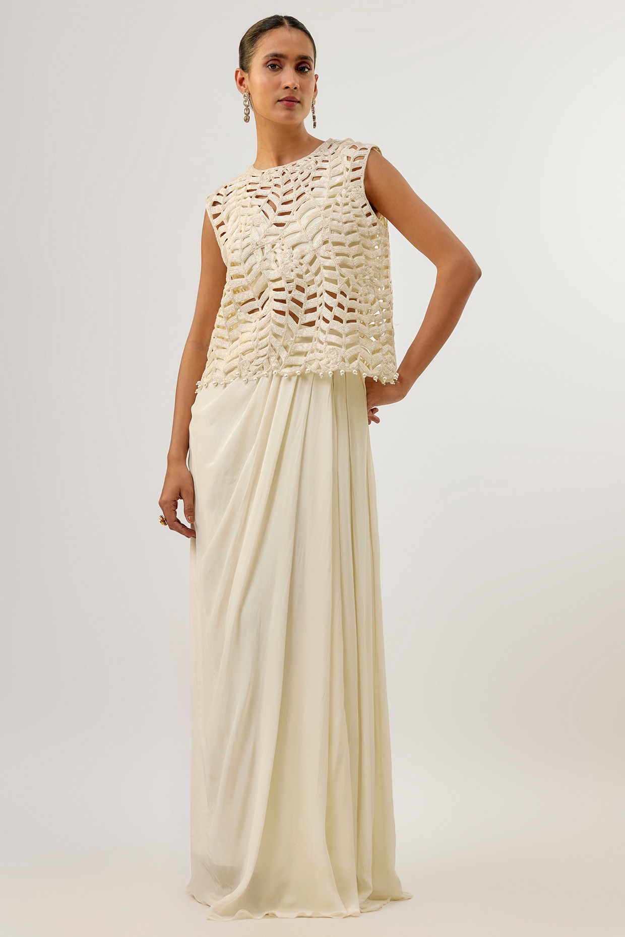 Ivory Crepe Skirt Set by ASHUTOSH JOSHI at Pernia's Pop Up Shop 2025