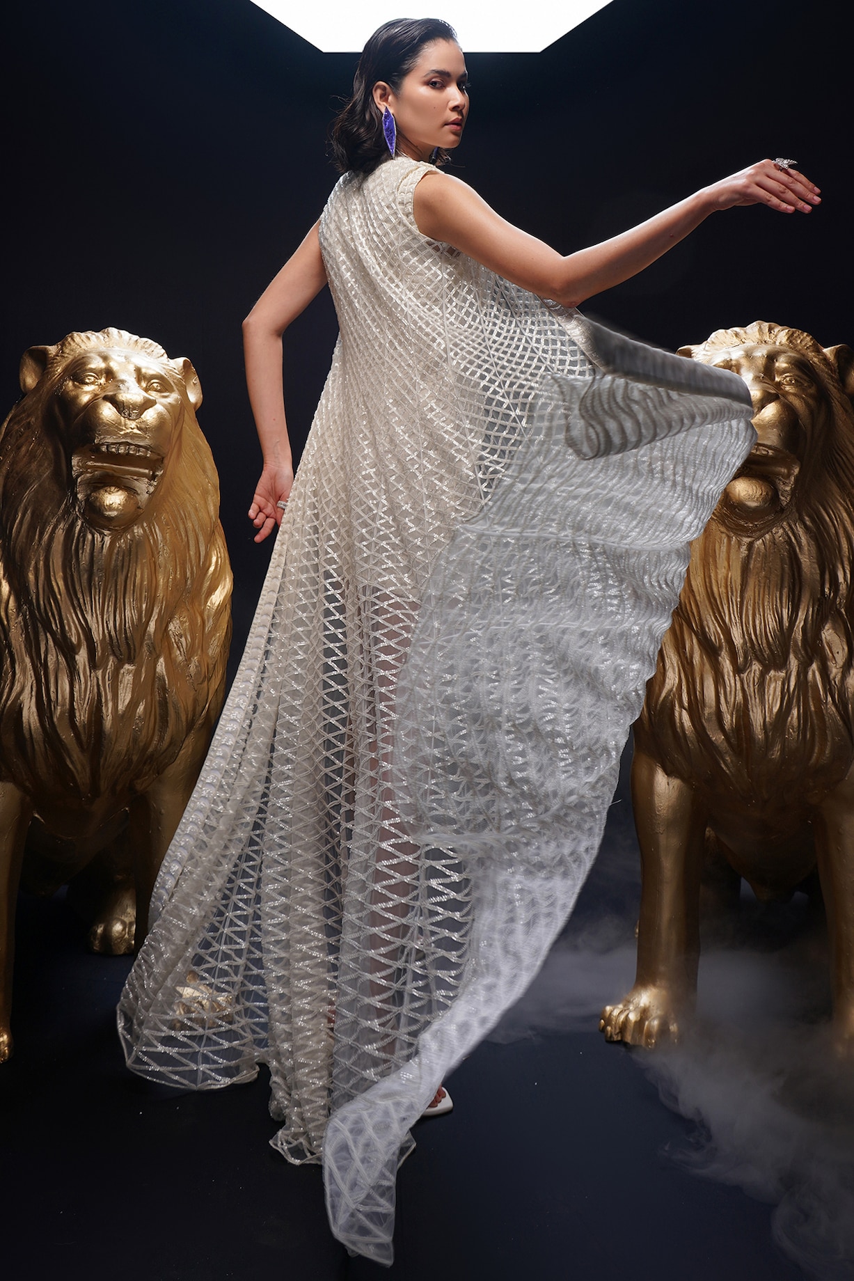 Ivory Net & Crepe Resham Embroidered Jacket Dress by ASHUTOSH JOSHI at ...