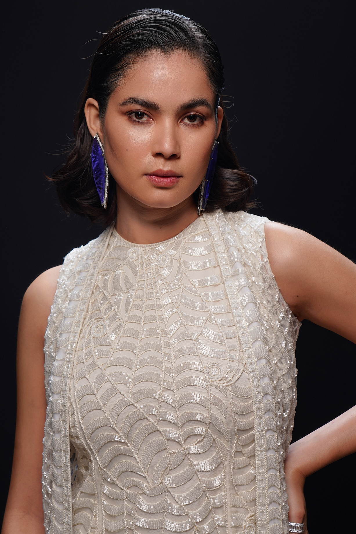 Ivory Net & Crepe Resham Embroidered Jacket Dress by ASHUTOSH JOSHI at ...