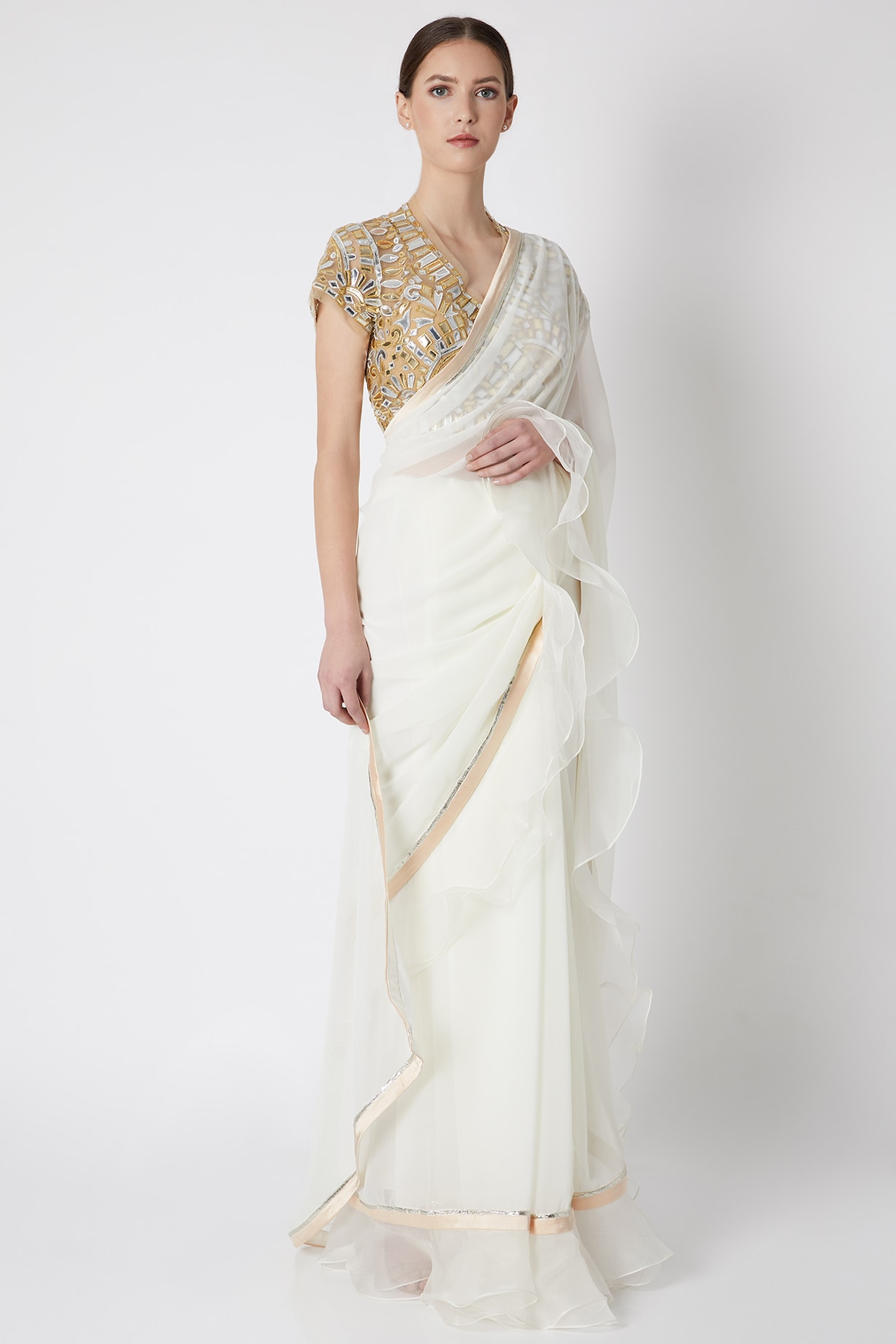 White Blended Georgette Ruffled Saree Set by ASAL By Abu Sandeep at ...