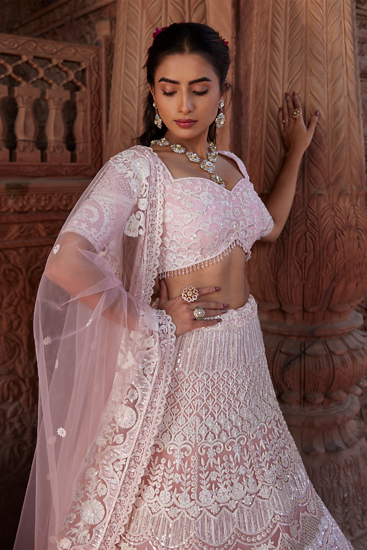 Baby Pink Tulle Embroidered Bridal Lehenga Set by KIASA By Ronak ...