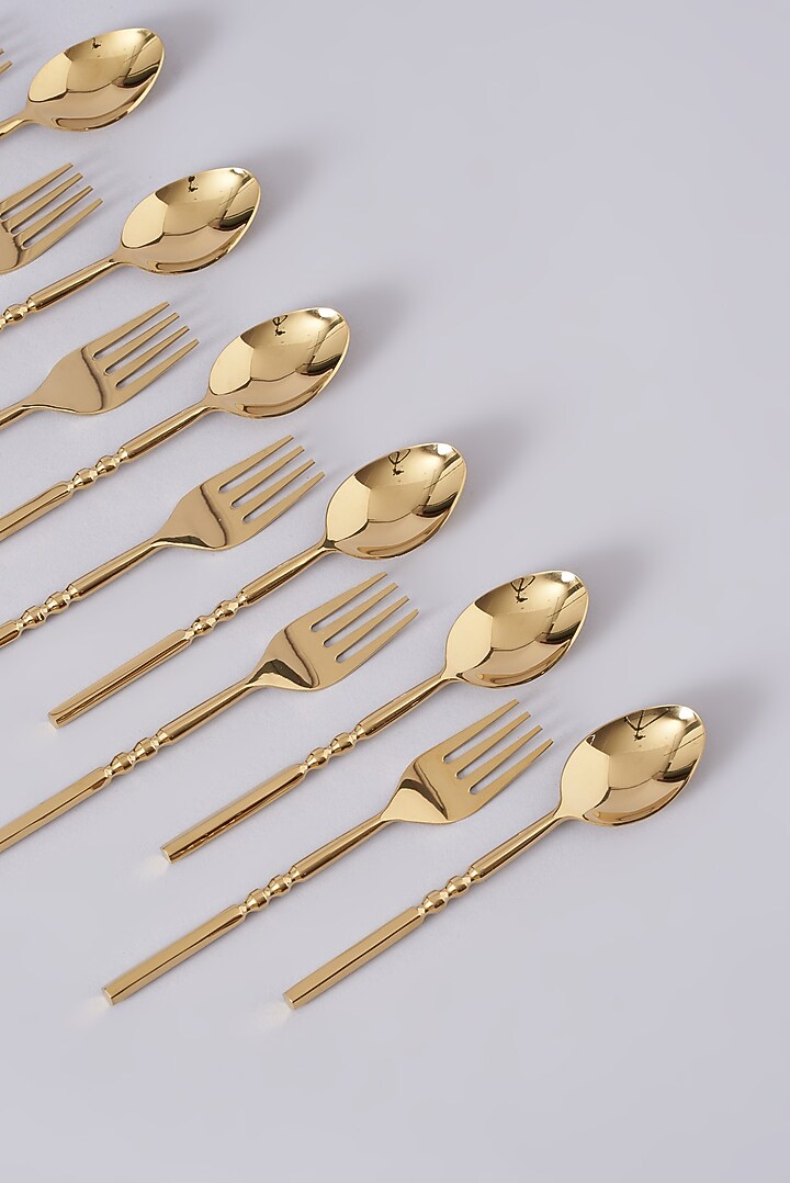 Gold Stainless Steel Spoon & Fork (Set of 6) by Assemblage at Pernia's ...