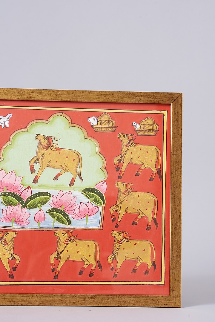 Vermillion Gopashtami Cow & Lotus Pichwai Painting by Assemblage at ...
