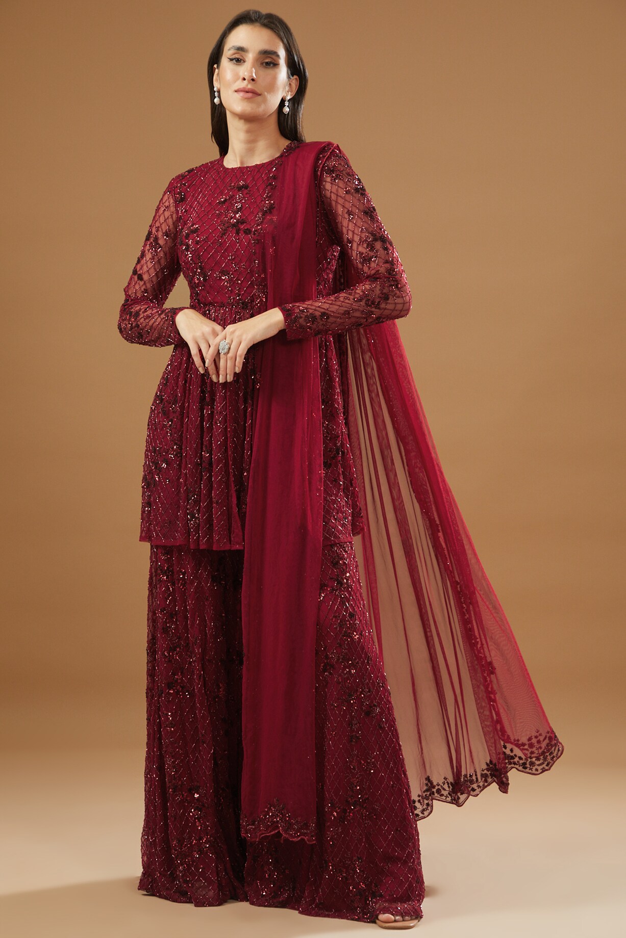 Maroon Net Embroidered Sharara Set by Astha Narang at Pernia's Pop Up ...