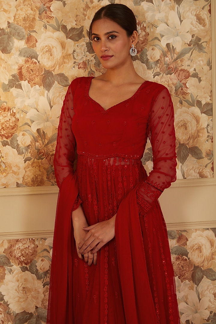 Red Net Embroidered Anarkali Set Design by Astha Narang at Pernia's Pop ...